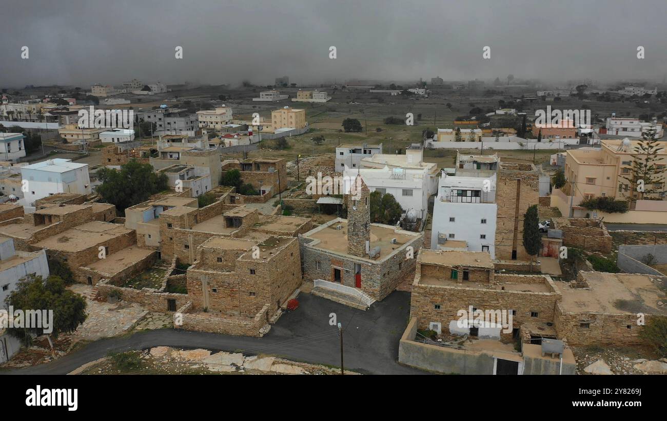 Aerial view of a mosque made of stones, Asir province, Tanomah, Saudi ...