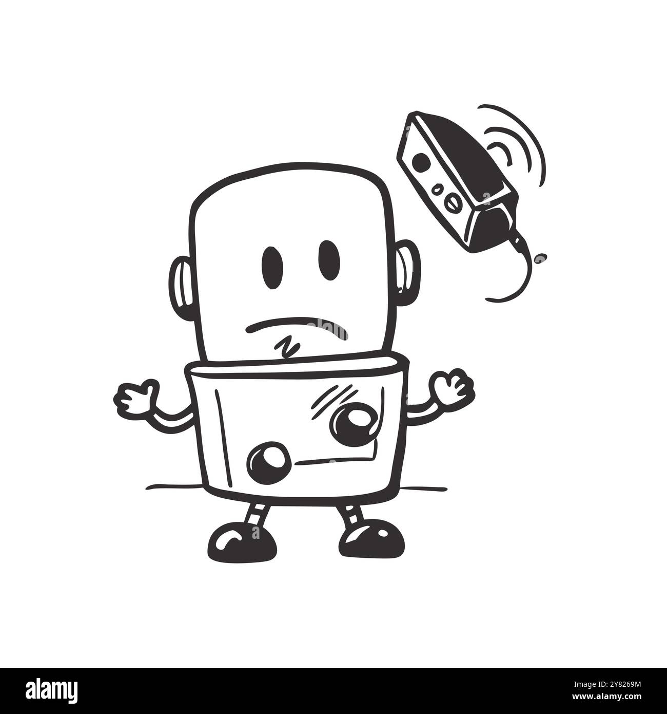 A hand drawn illustration of a sad robot with a broken antenna. The ...