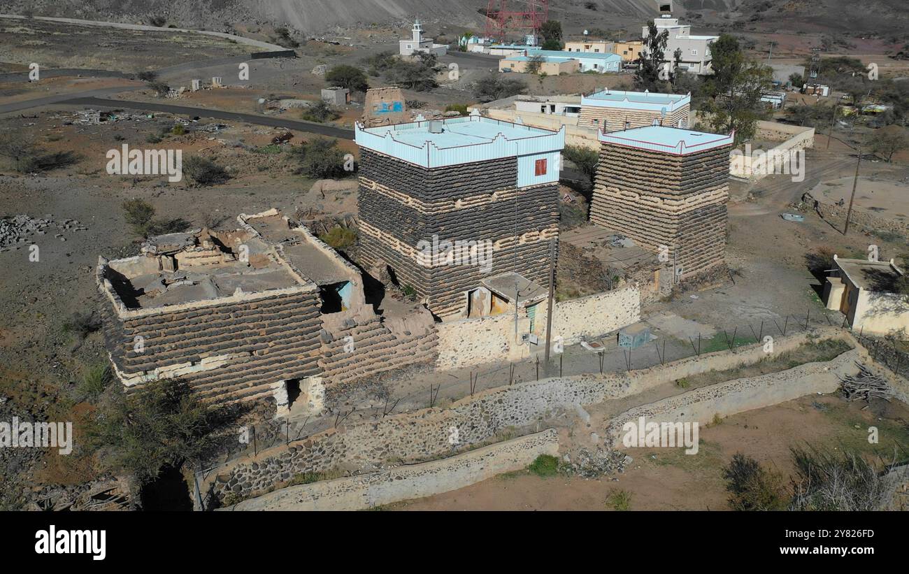 Aerial view of stone and mud houses with slates, Asir province, Sarat ...