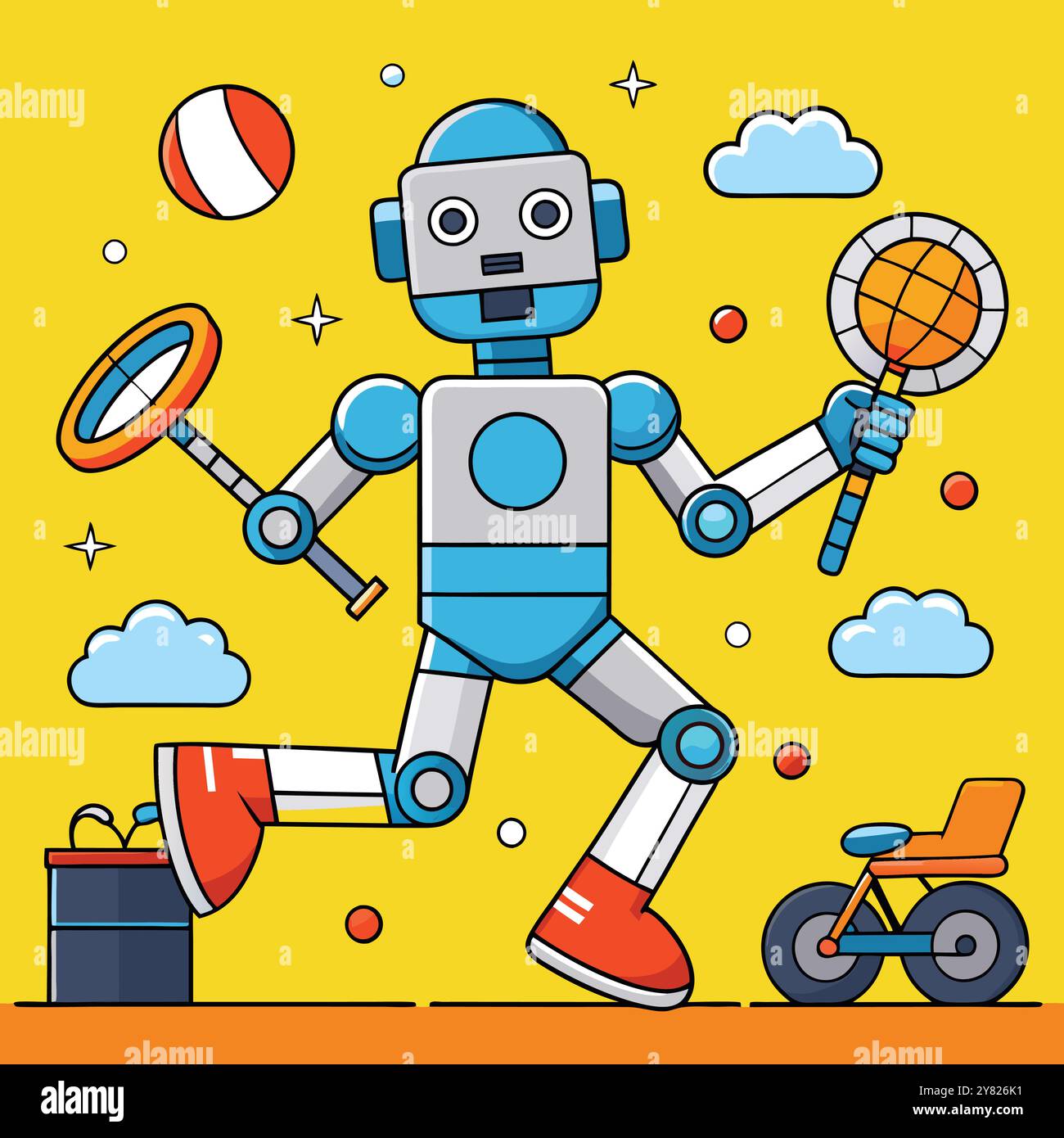 A playful robot with blue and grey body parts is depicted playing with ...