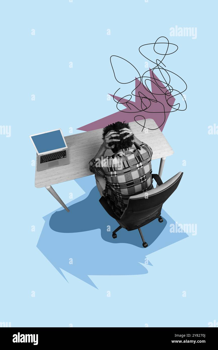 Vertical collage young employee man worker stressed panic mental issues ...