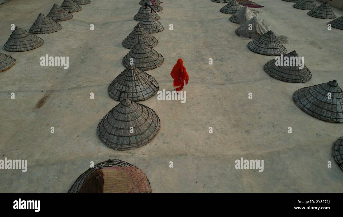Aerial view of mounds of rice with giant hat-shaped bamboo cones ...