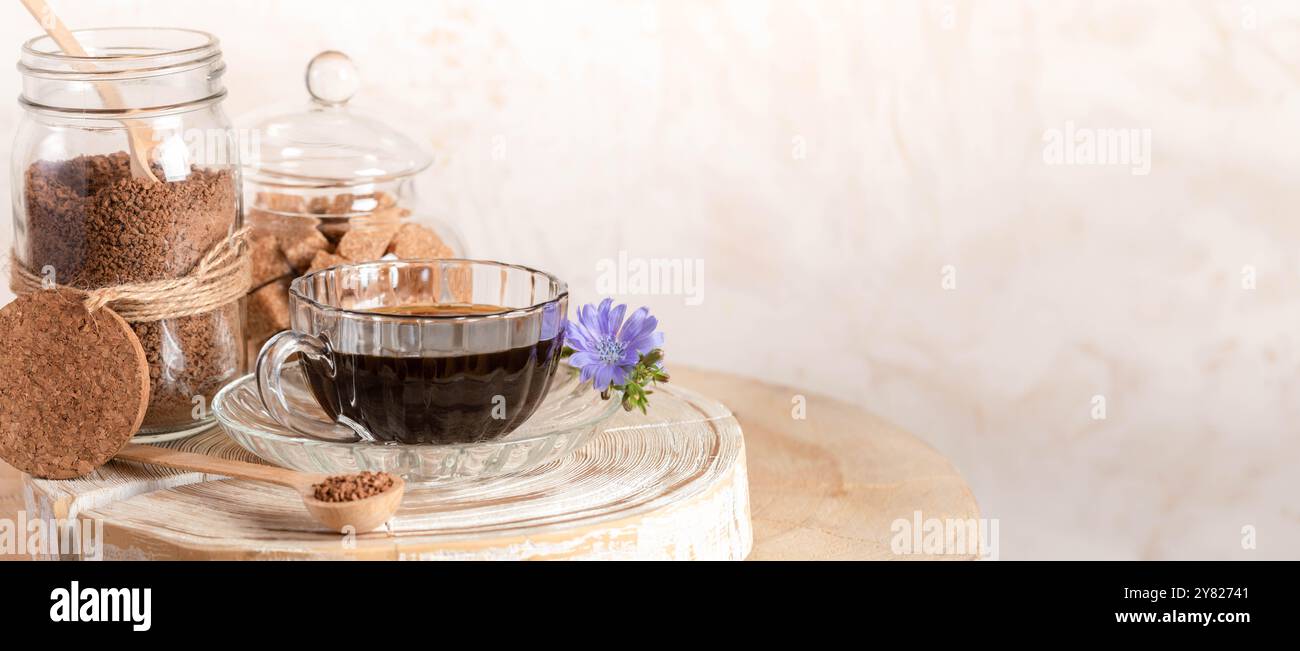 Shot in warm beige colors of healthy soluble chicory tea. Composition ...