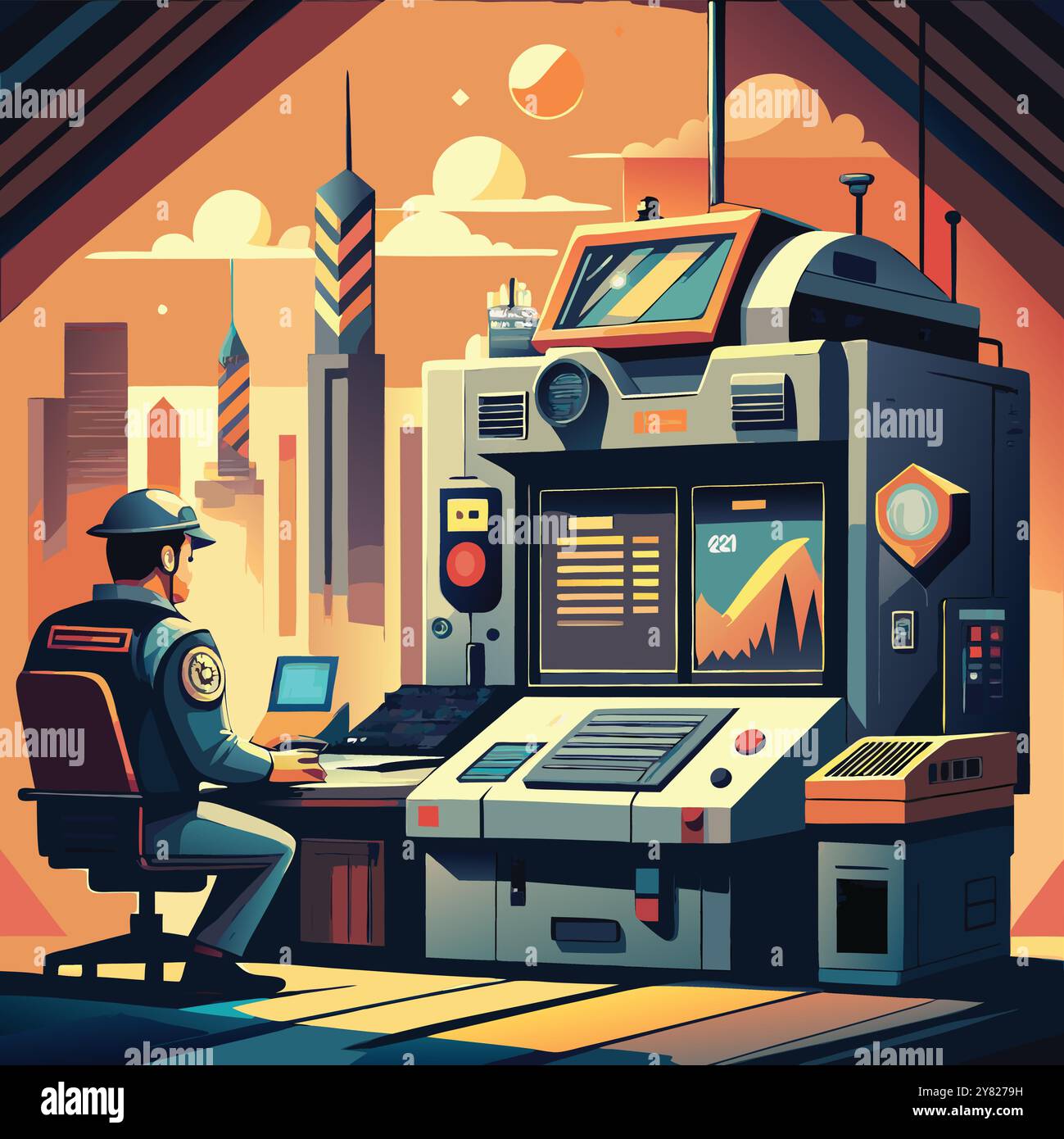 A futuristic cityscape with a security guard monitoring a high tech ...