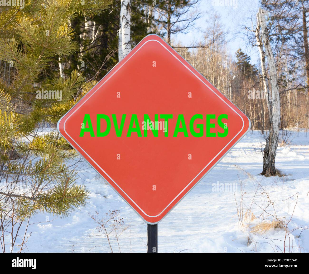 Advantages symbol. Concept word Advantages on beautiful red road sign ...