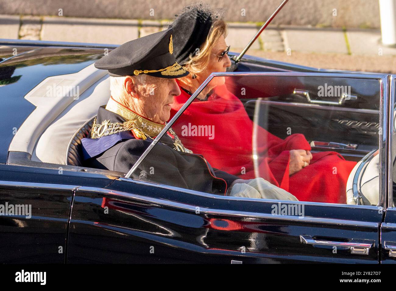 Oslo 20241002. King Harald and Queen Sonja leave the Storting after the ceremonial opening of ...