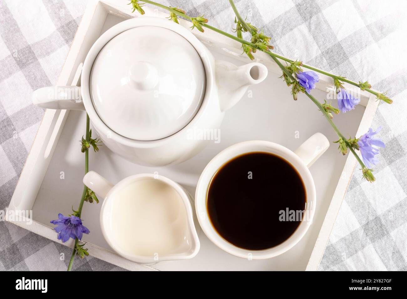 Herbal medicine concept in white color. Wooden tray with chicory tea ...