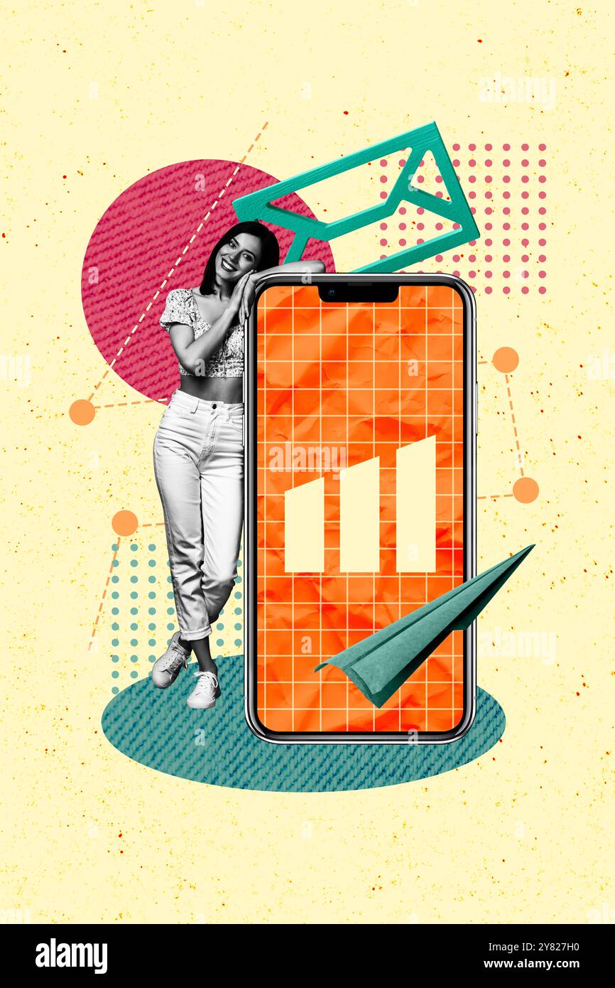 Sketch vertical collage of cute lovely woman presenting gadget device ...