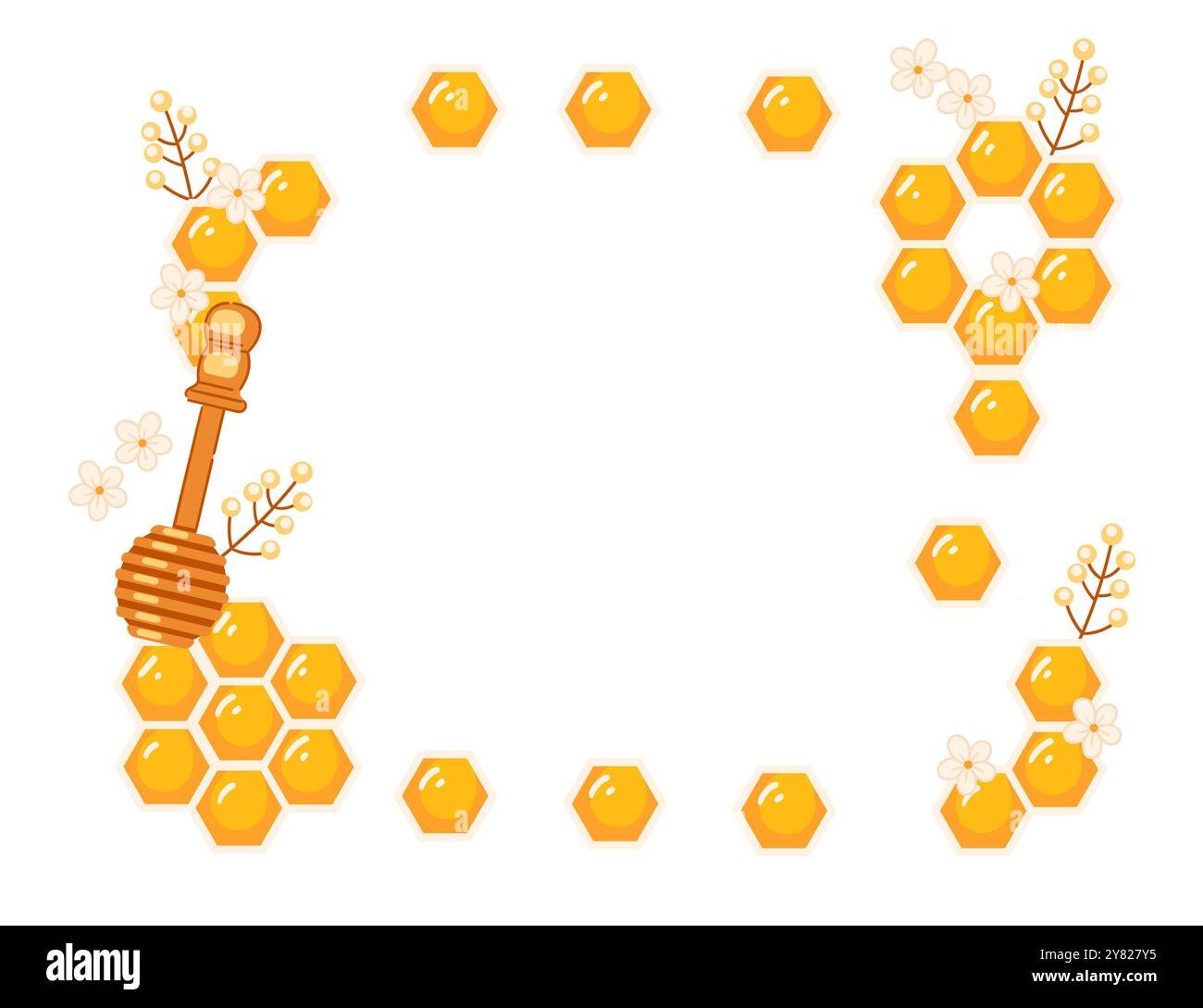 A honeycomb arrangement of honey hexagon. Sweet yellow postcard design ...
