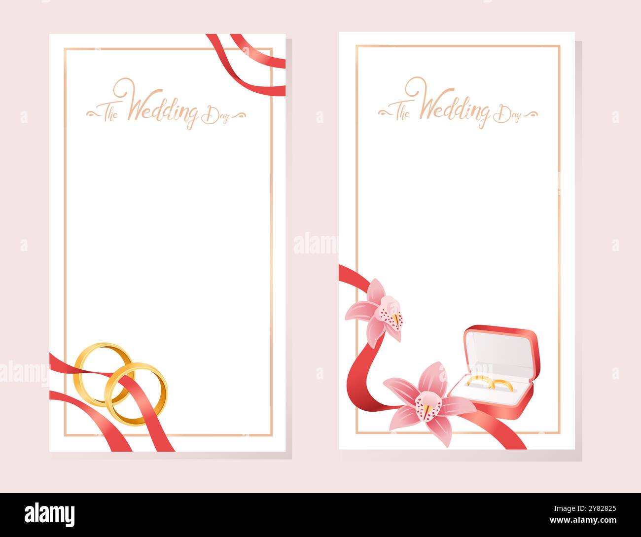 Wedding invitation card design with golden rings, flowers and ribbons ...