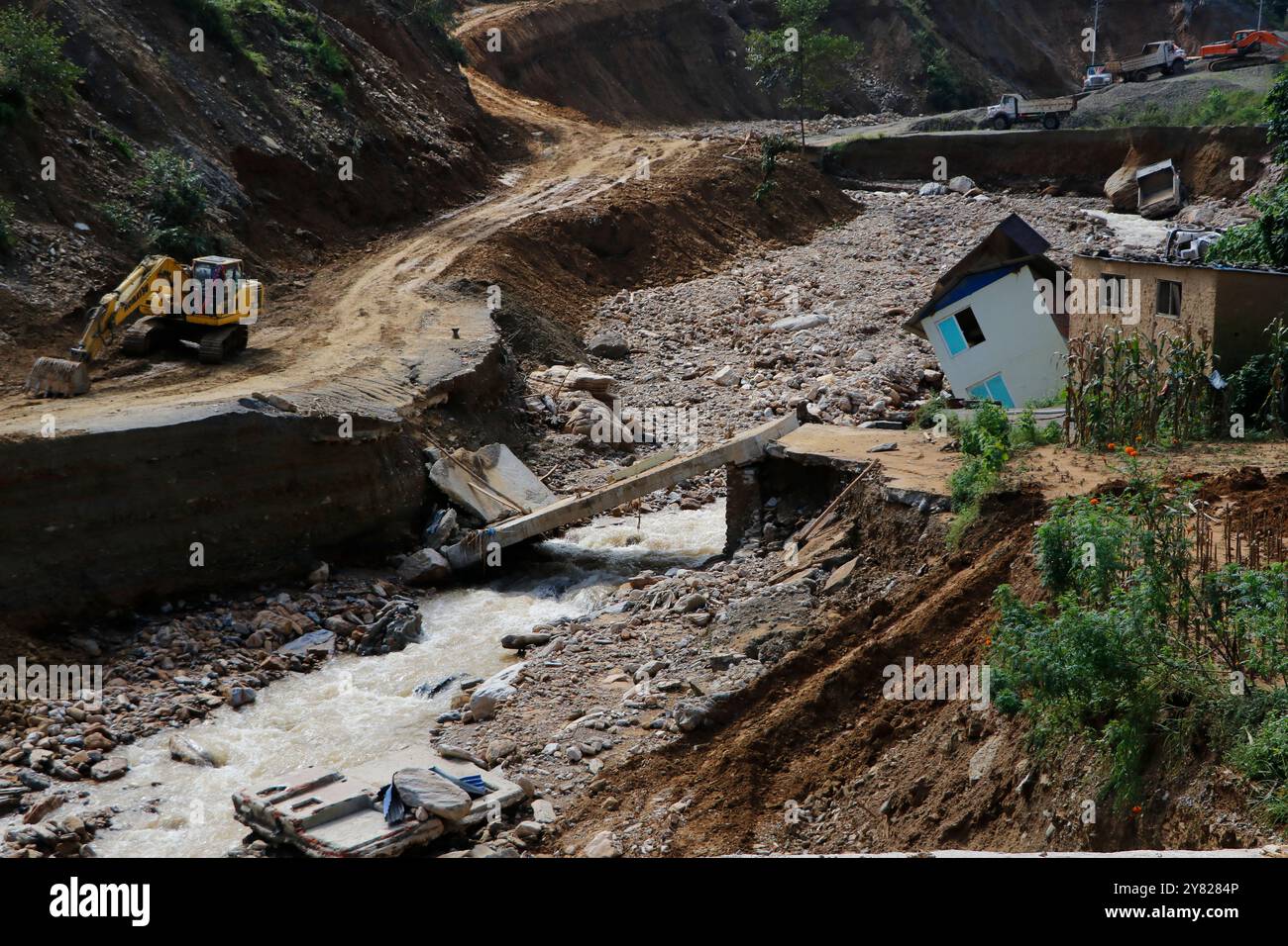 On October 1, 2024, in Kavre, Nepal. damaged bridge intersection over ...