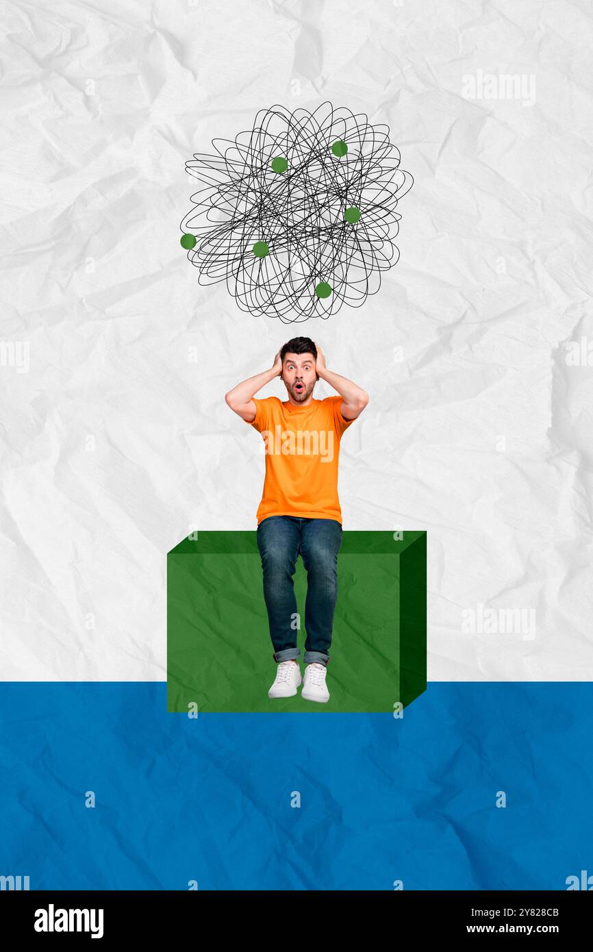 Creative picture collage of young man touching head complicated ...