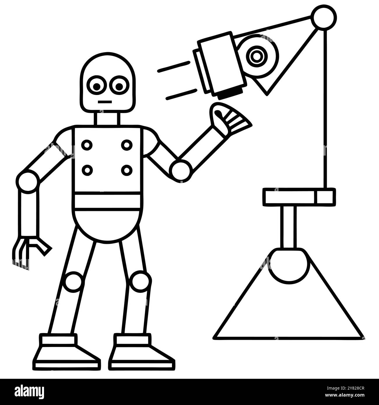 A simple line art illustration of a robot with a robotic arm lifting a ...