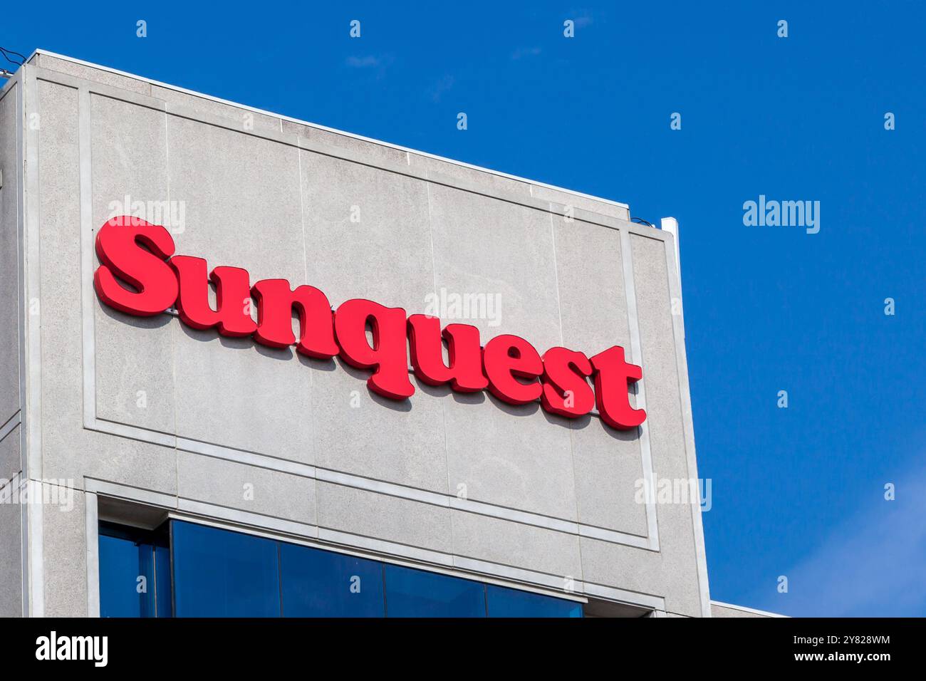 Mississauga, Ontario, Canada- August 25, 2018: Sunquest sign on their ...