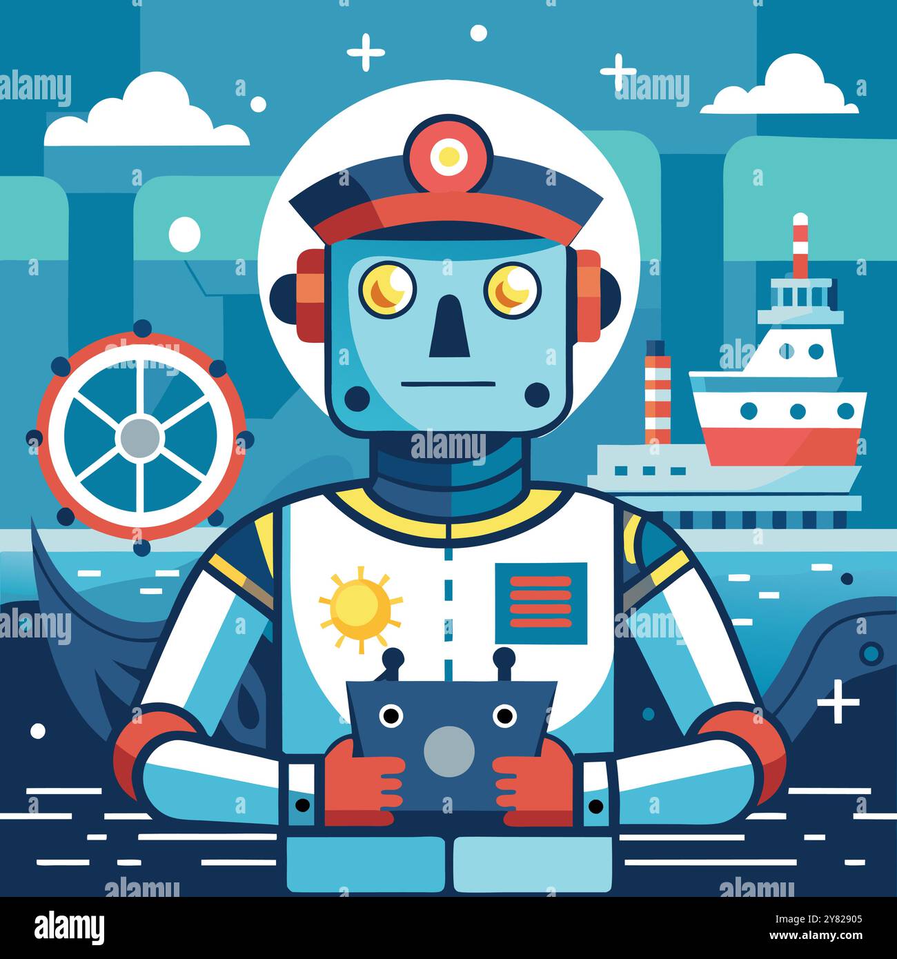 A friendly. blue robot captain in a white uniform with a red cap stands ...
