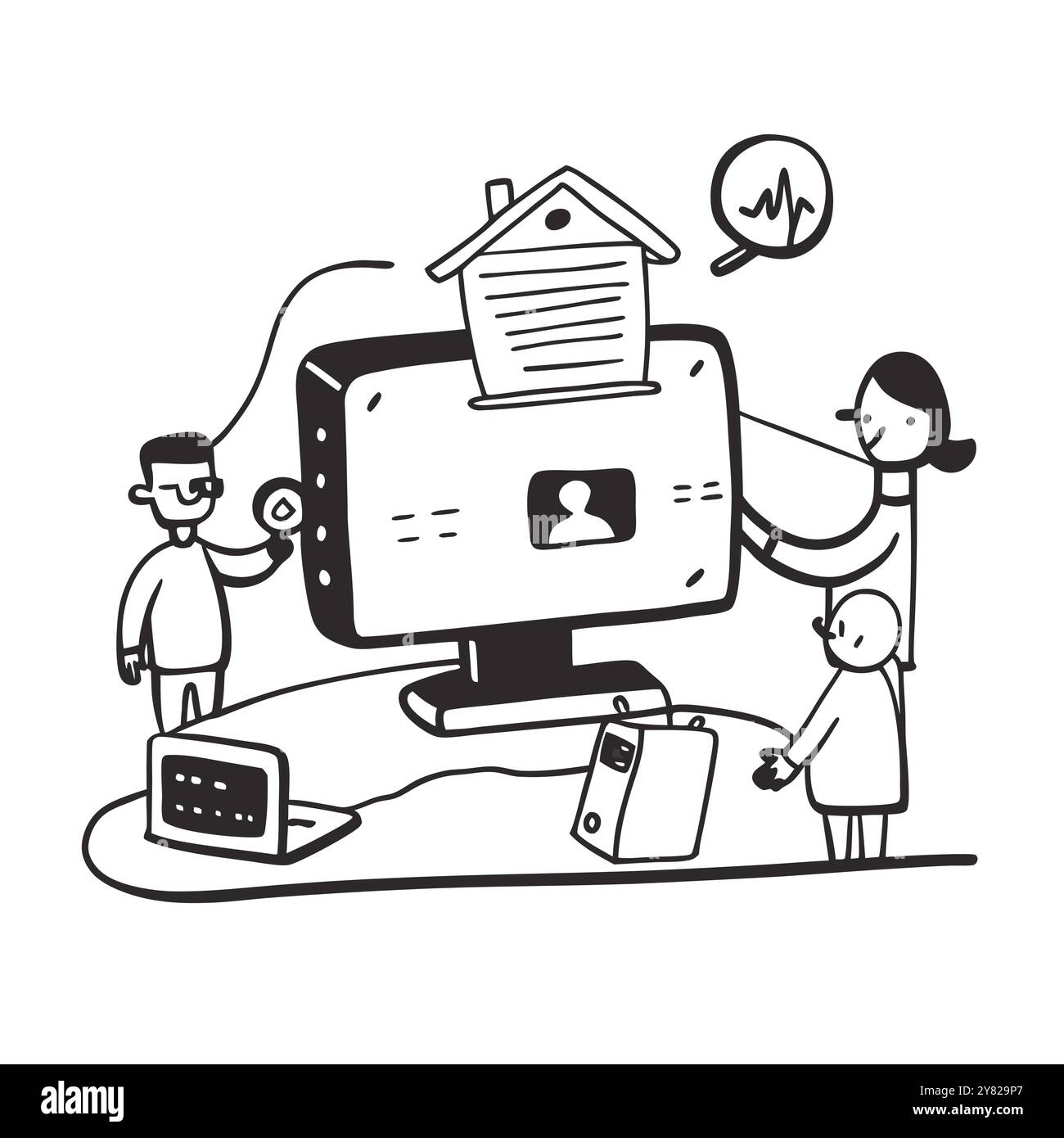 A hand drawn illustration depicting a family using smart home ...