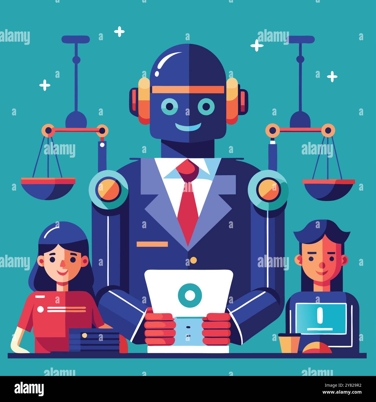 A friendly AI robot lawyer in a suit stands between two clients ...