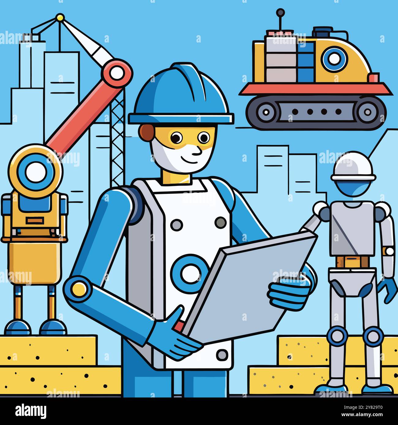A friendly. cartoon robot construction worker holding a tablet stands ...