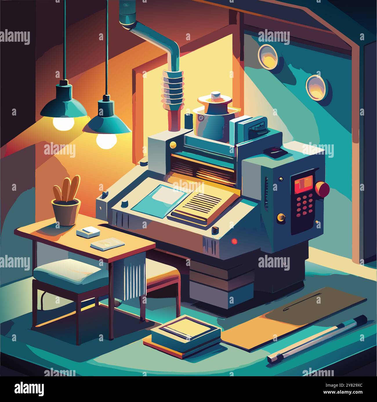 Isometric illustration of a futuristic machine in a home office setting ...