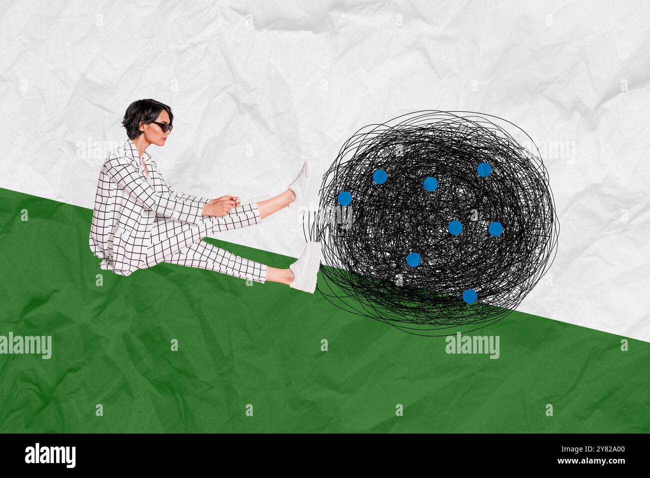 Image collage picture of attractive tired woman has problem trouble ...