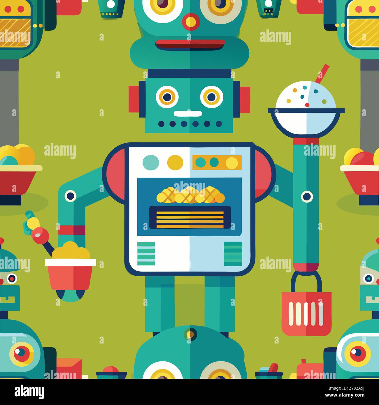 A playful and colorful illustration featuring a friendly robot with a ...