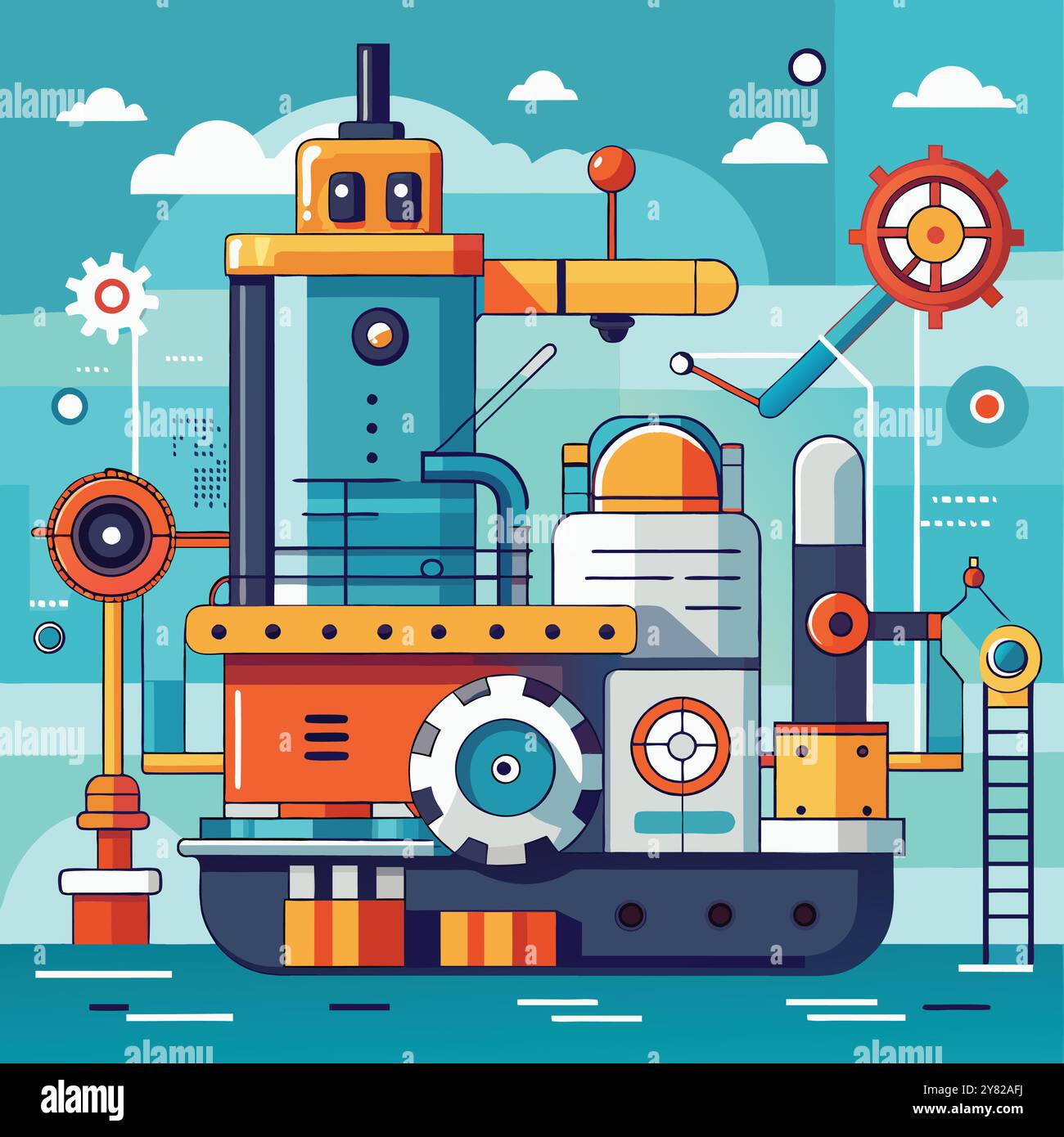 A whimsical cartoon illustration of a futuristic. colorful factory ship ...