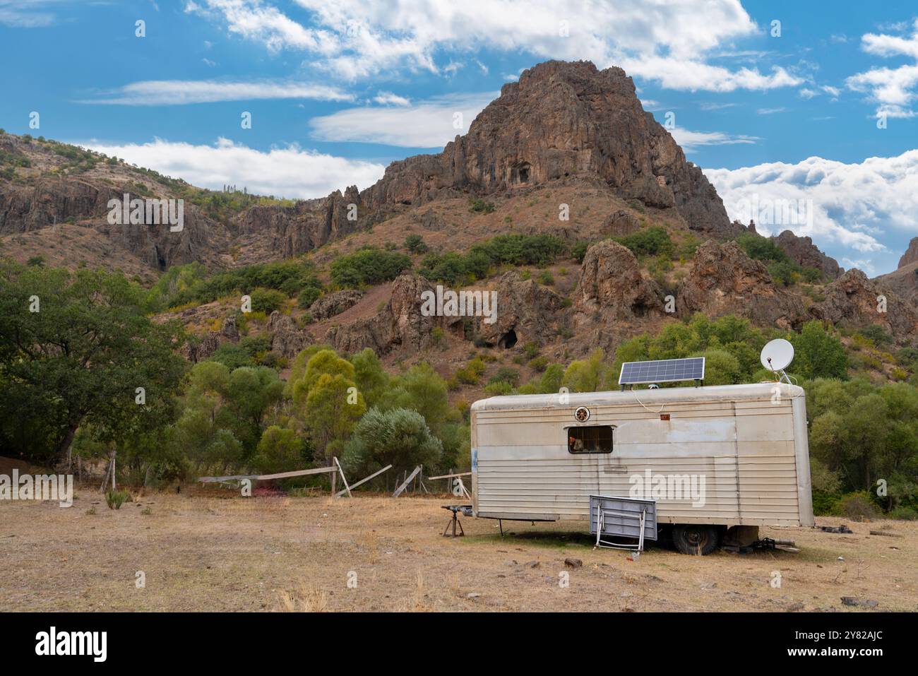 Camper trailer with solar panel and satellite dish in nature, Ankara ...