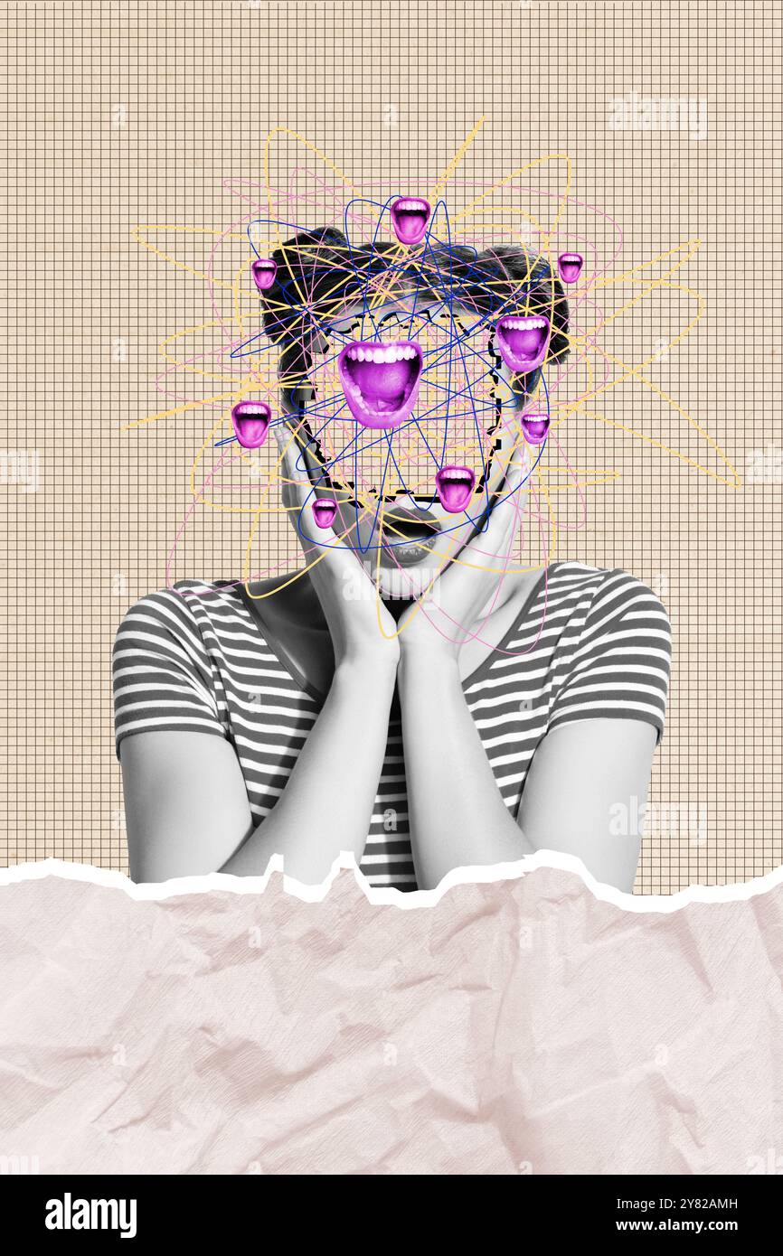 Composite collage of headless woman crazy caricature face bipolar ...