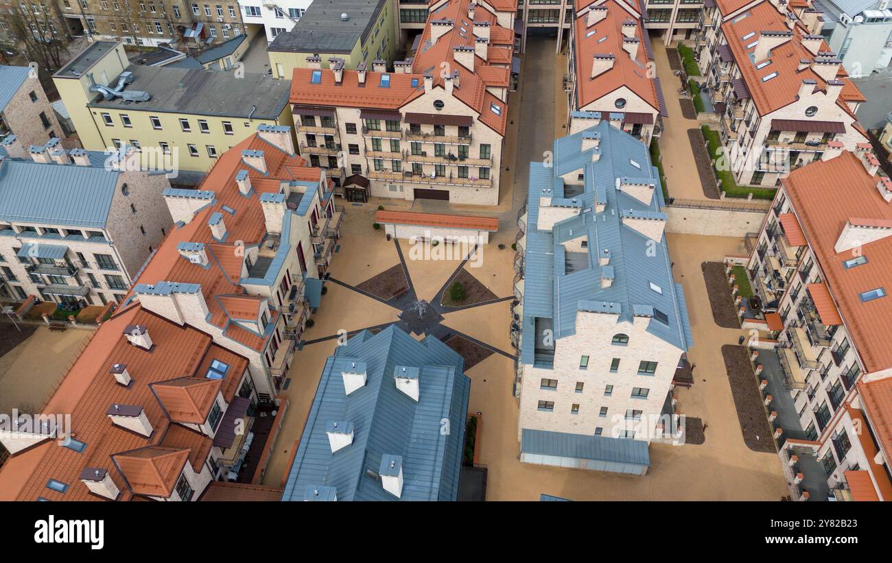 Aerial view of a residential complex with modern buildings featuring ...
