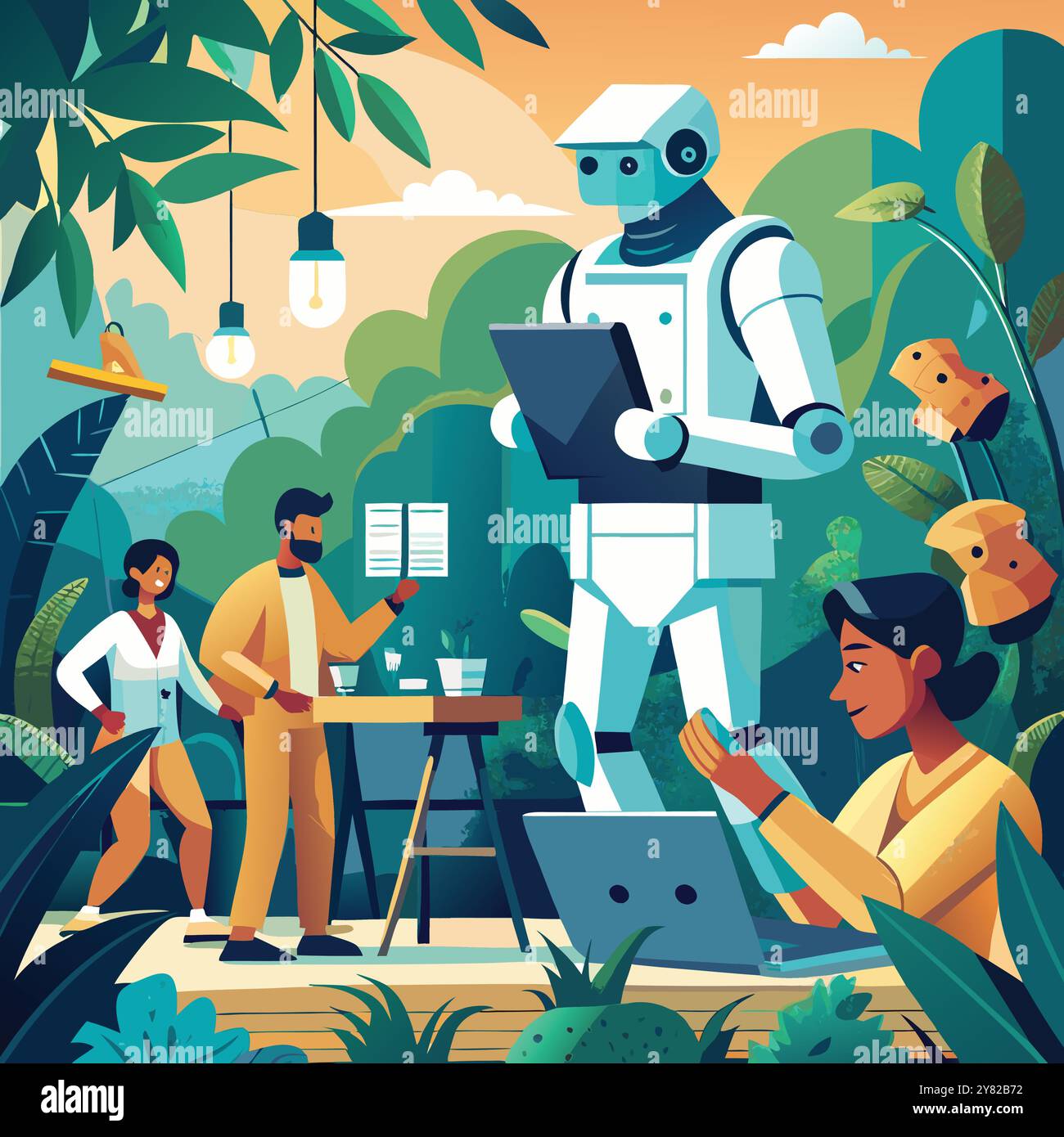 A friendly robot interacts with humans in a lush. outdoor setting. The ...
