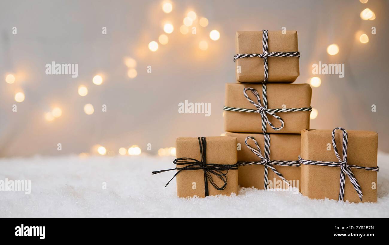 Christmas gifts wrapped in brown paper stacked on snow, tied with ...