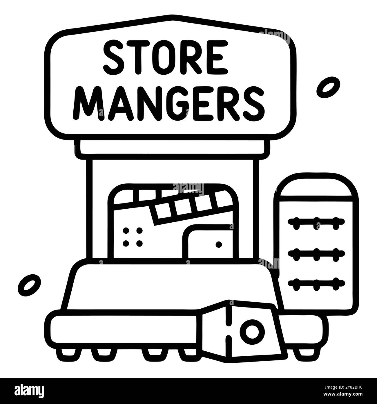 A simple line drawing of a store mangers checkout counter. featuring a ...