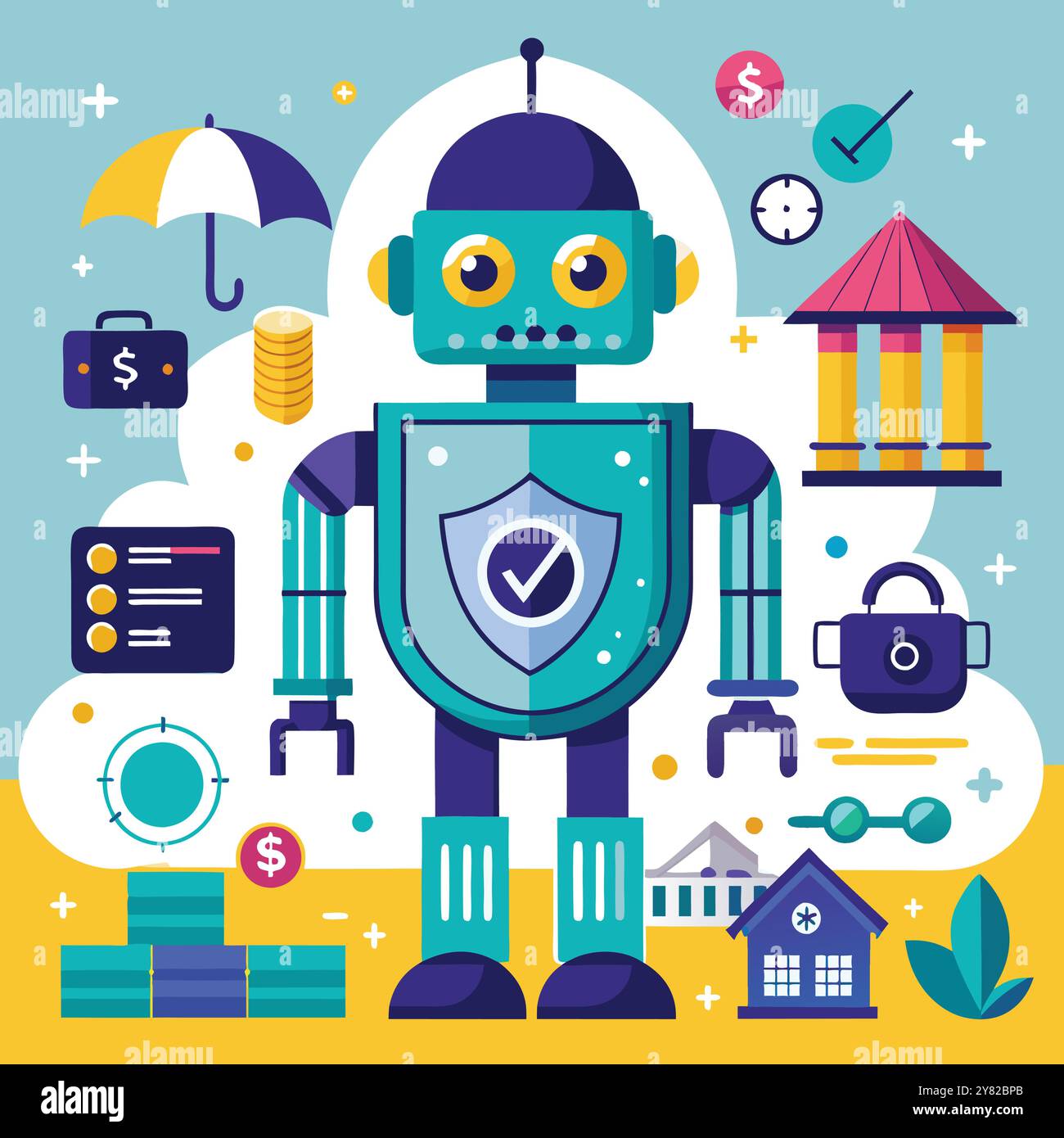 A friendly AI robot stands holding a shield with a checkmark ...