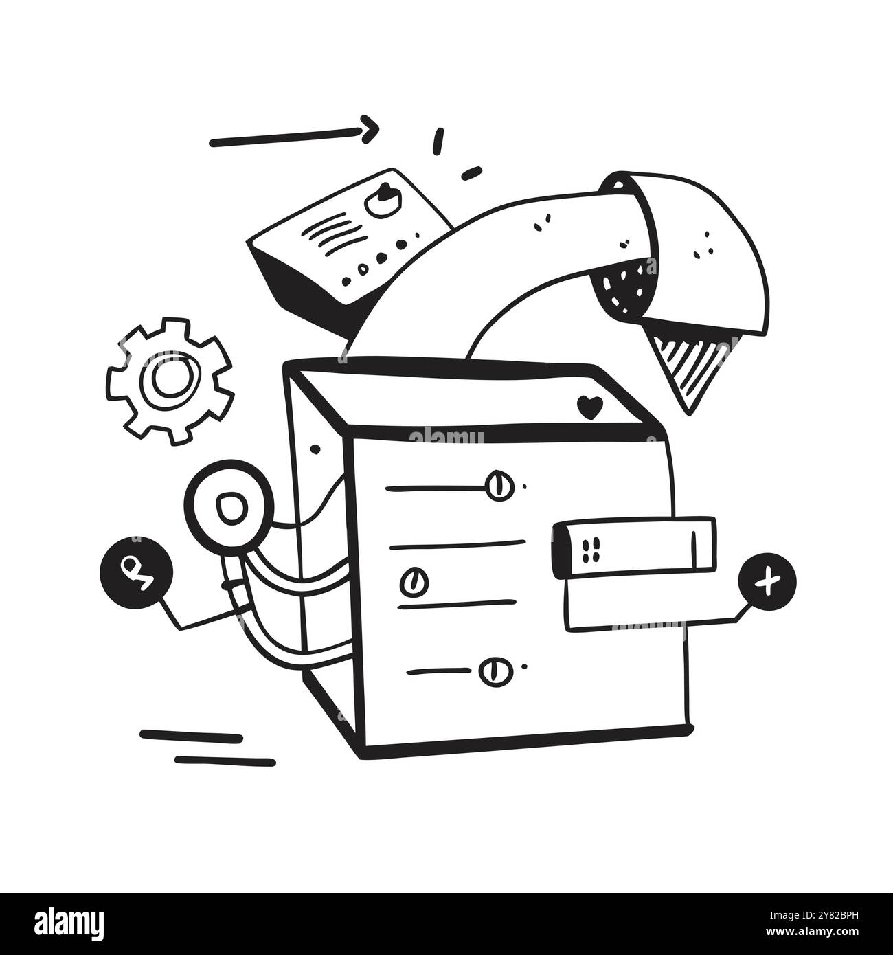 A hand drawn illustration depicting a server with various elements ...