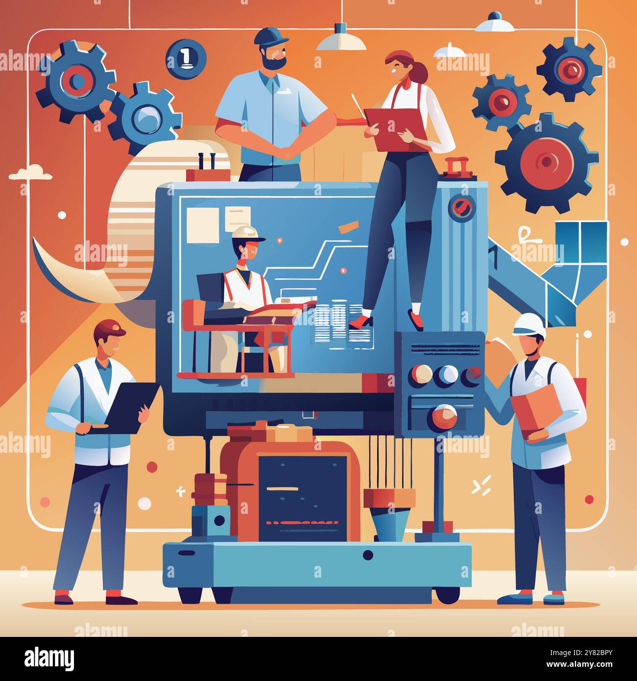 A team of workers collaborates around a large industrial machine. The ...