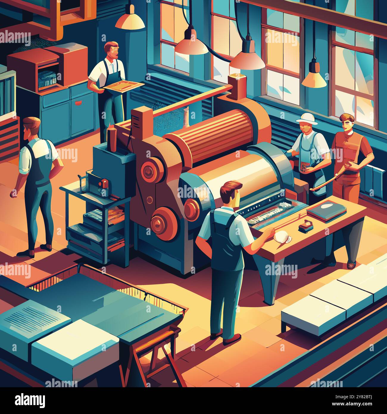 A vibrant isometric illustration depicting a bustling printing press ...