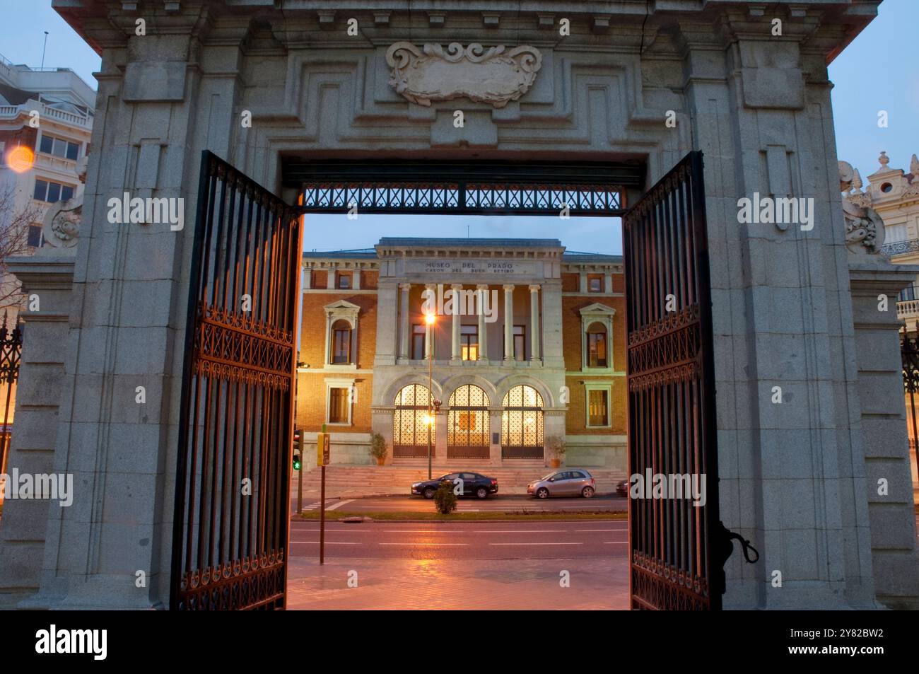 Cason del Buen Retiro from El Retiro park entrance, night view. Madrid ...