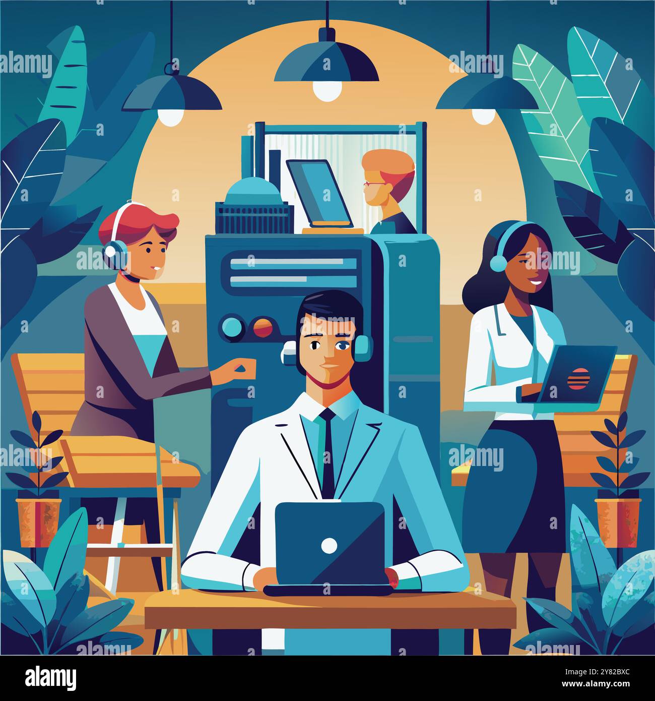 A diverse team of professionals working in a modern office setting. collaborating and utilizing ...