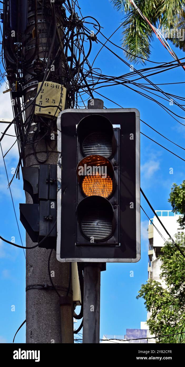 Yellow traffic light in the Tijuca neighborhood, Rio de Janeiro, Brazil ...