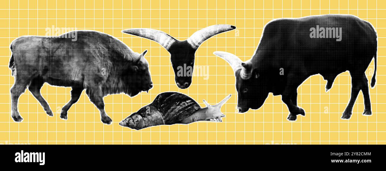 Set of cute wild animals. Snail, buffalo, bison. Retro halftone effect ...