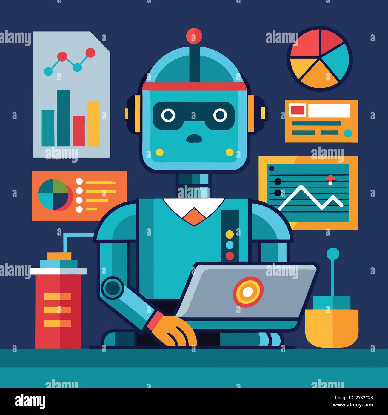 A friendly robot sits at a desk with a laptop. surrounded by charts and ...