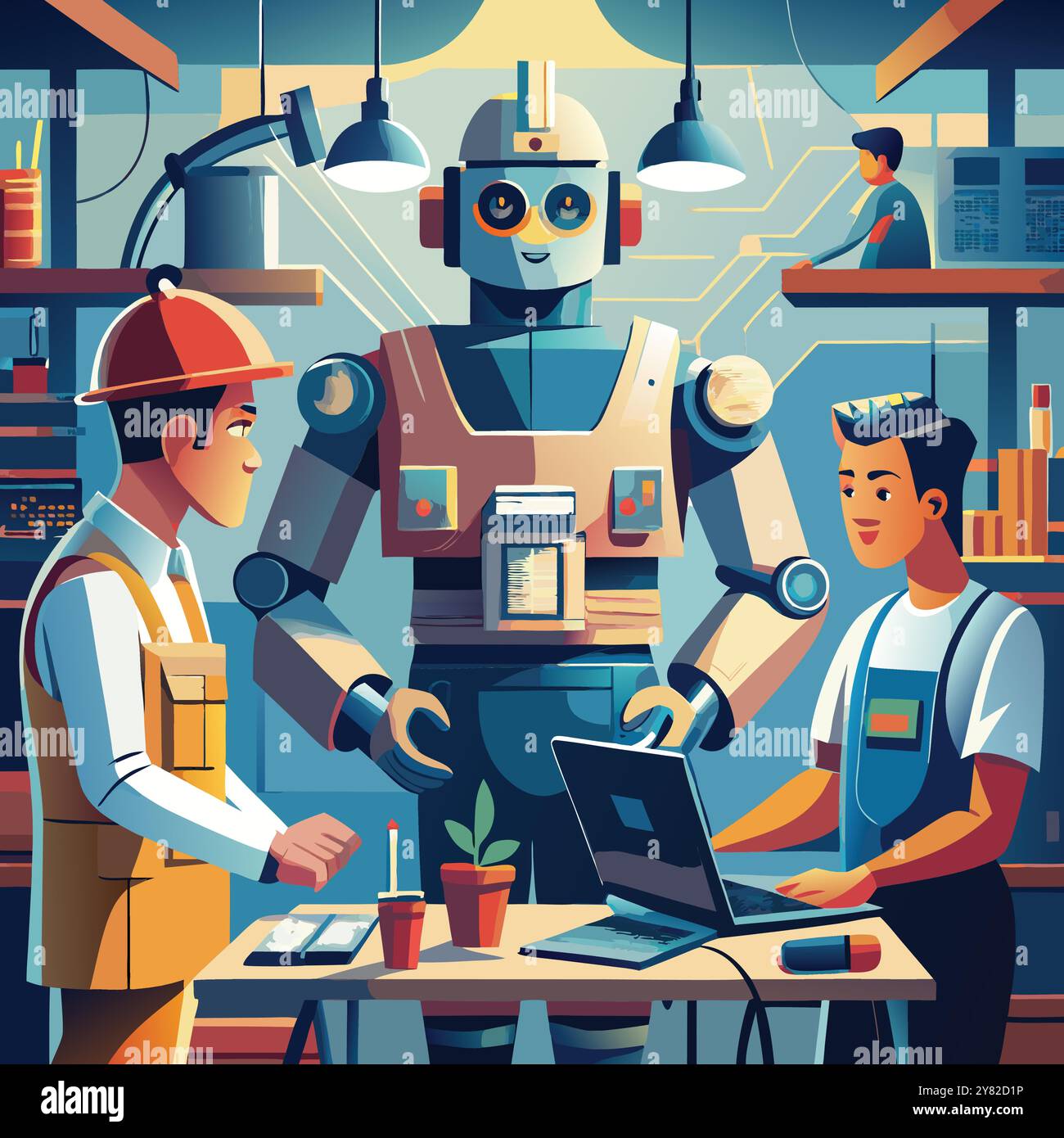 A friendly robot collaborates with two human workers. showcasing the ...