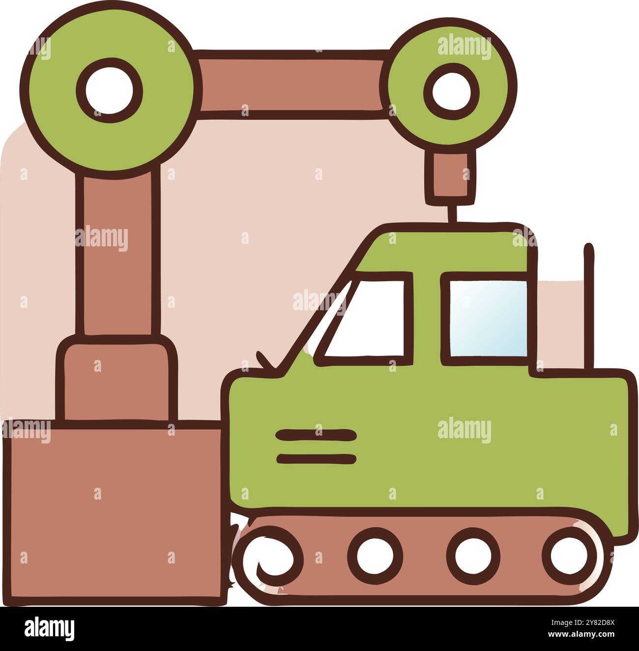A simple. cartoon illustration of a robot arm lowering onto a green ...
