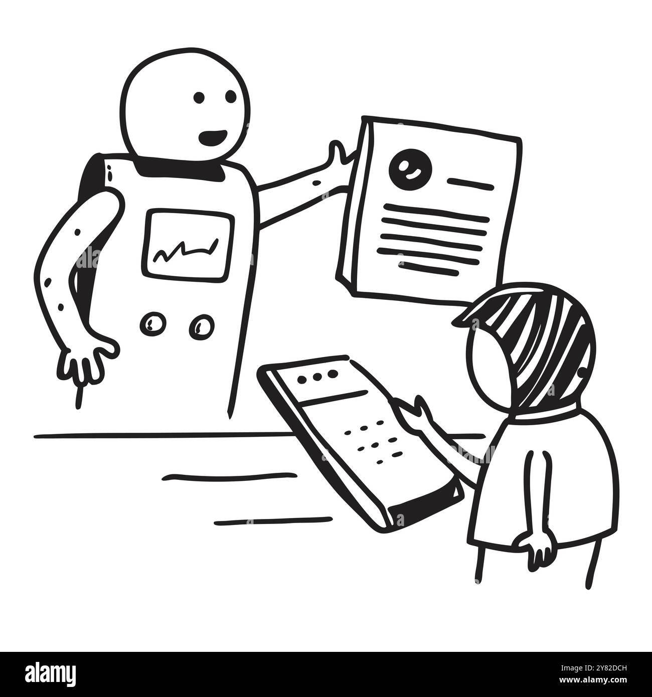 A simple line drawing of a robot handing a document to a human ...