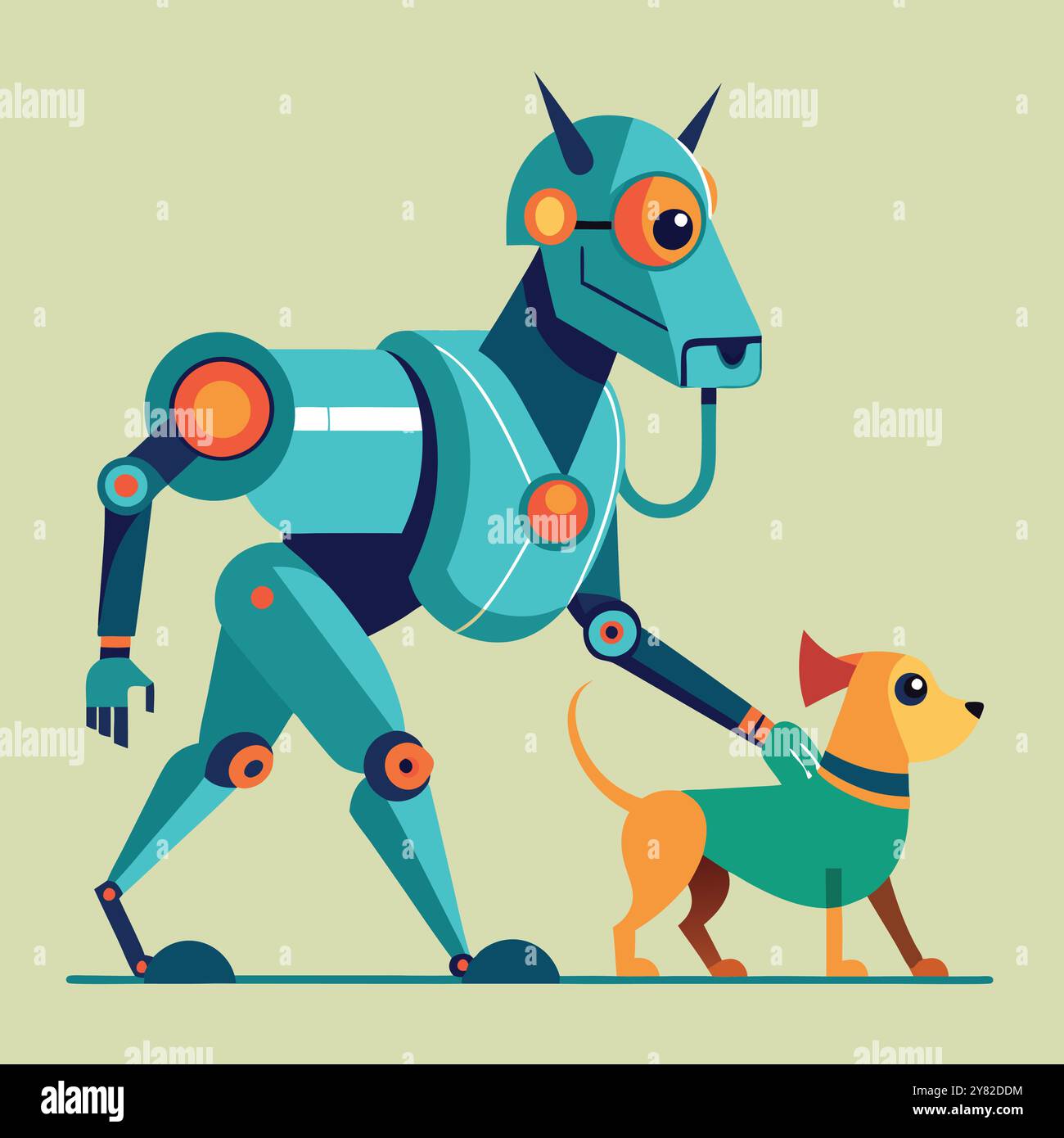 A futuristic robot dog walks with its pet. a playful yellow dog. This ...