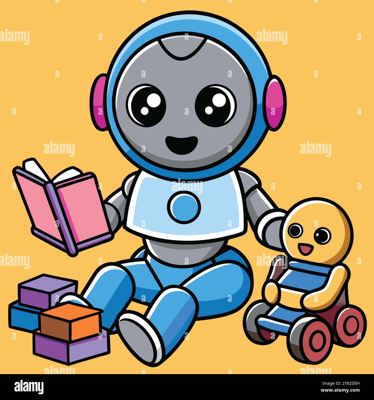 Cute robot reading a book to a little robot friend. surrounded by ...