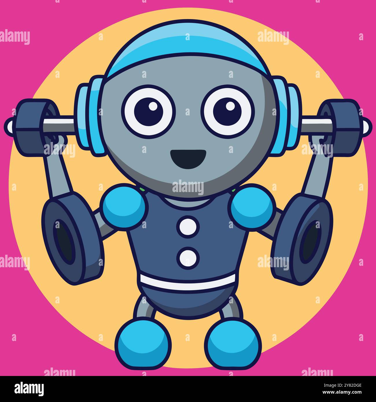 A cute robot with big eyes and a friendly smile lifts a barbell in a ...