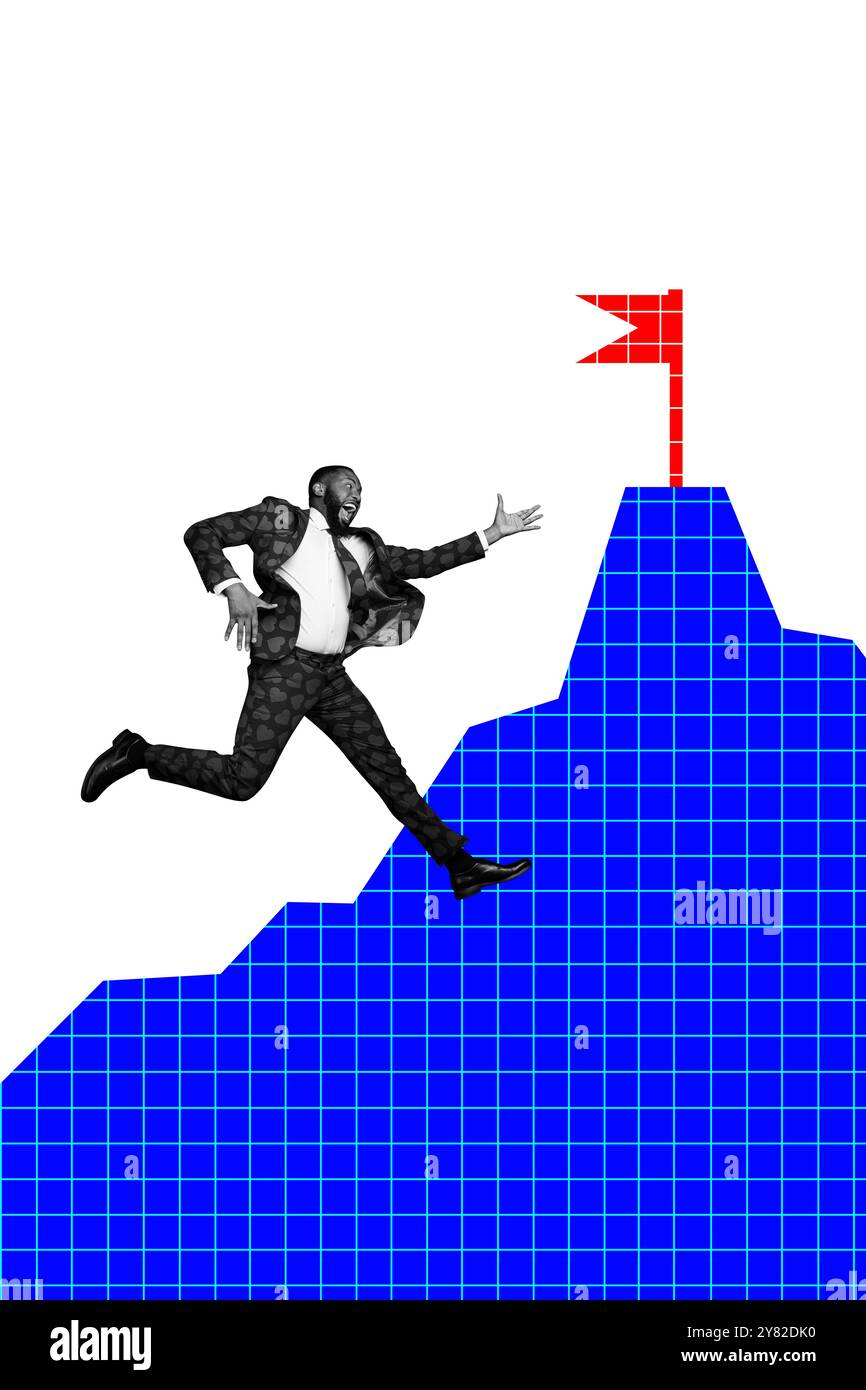 Vertical collage young man entrepreneur reach goal aim finish ...