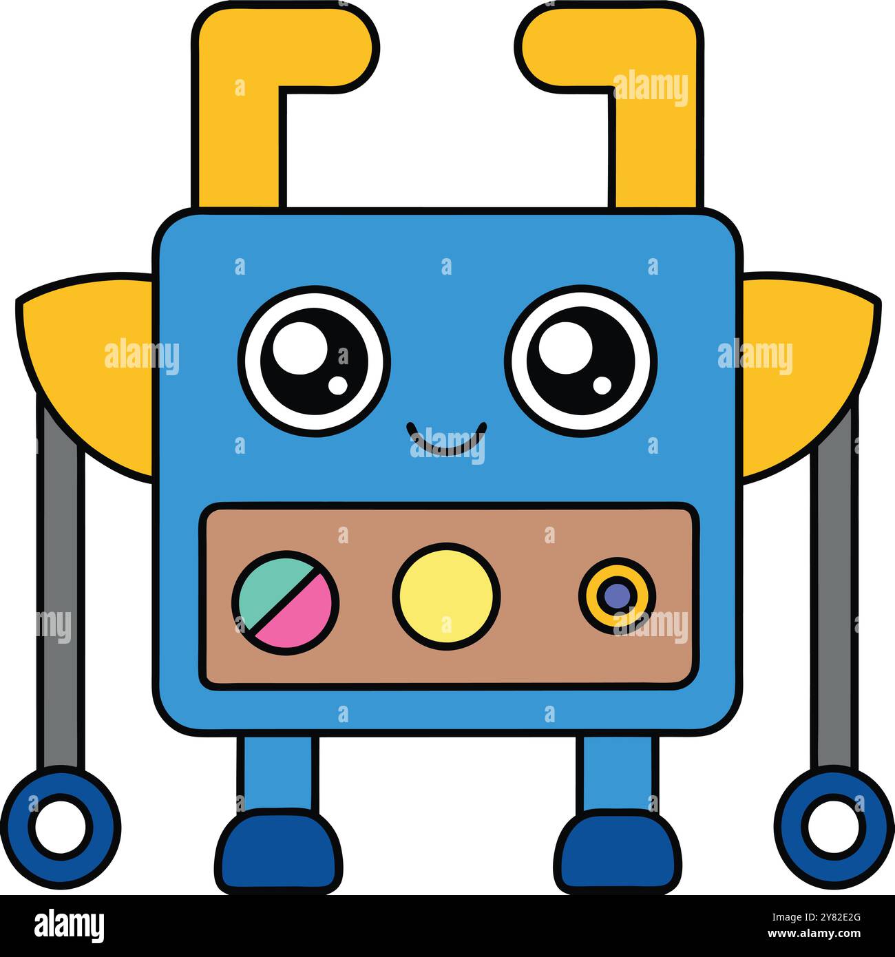 A friendly and cartoonish blue robot with big eyes and a cute smile ...