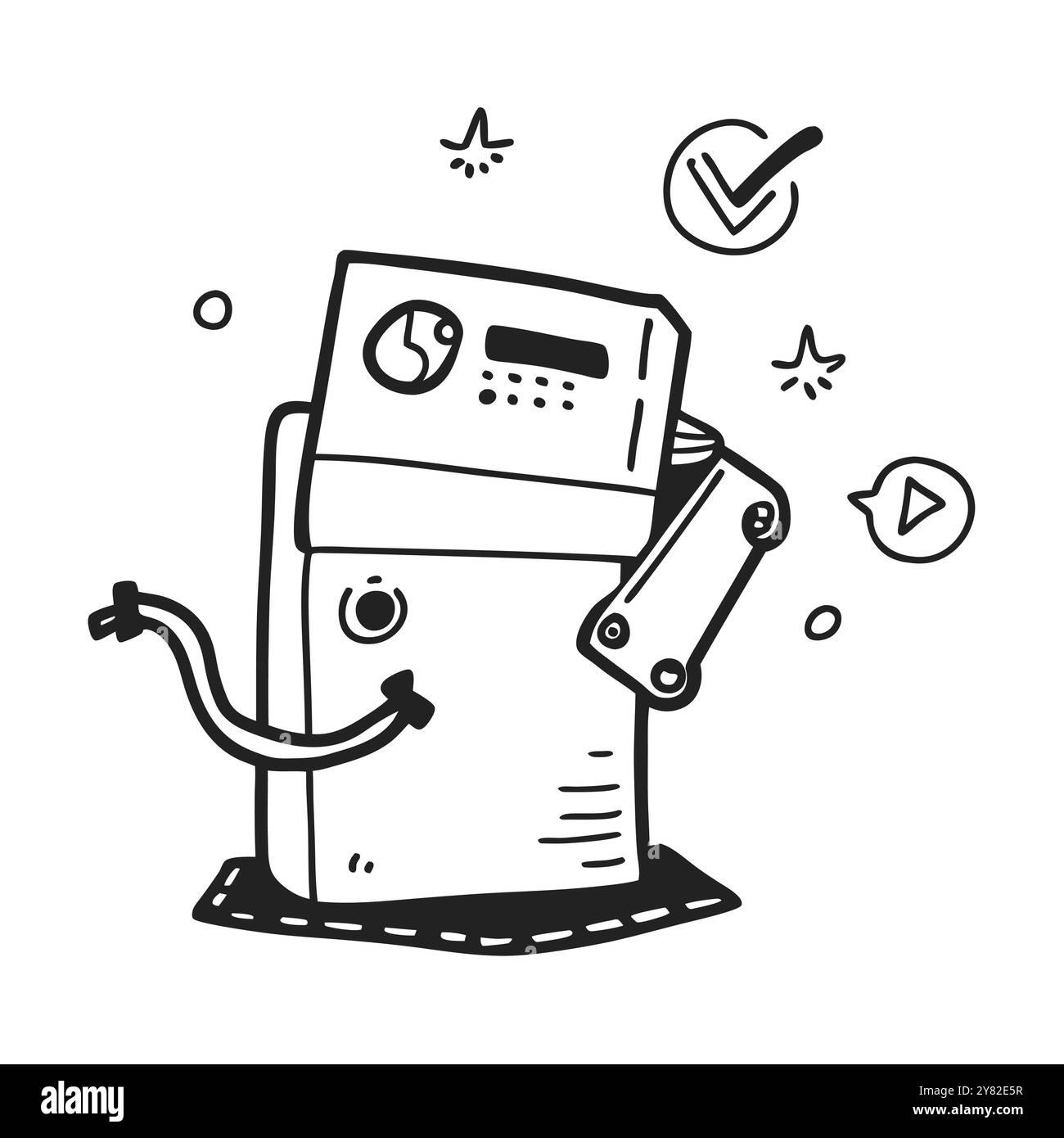 Cute doodle illustration of a robot with a checkmark. play button. and ...